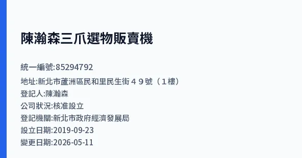 陳瀚森三爪選物販賣機的照片-統編 85294792(新北市) 公司登記資料與營業項目詳細圖表