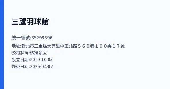 三蘆羽球館的照片-統編 85298896(新北市) 公司登記資料與營業項目詳細圖表