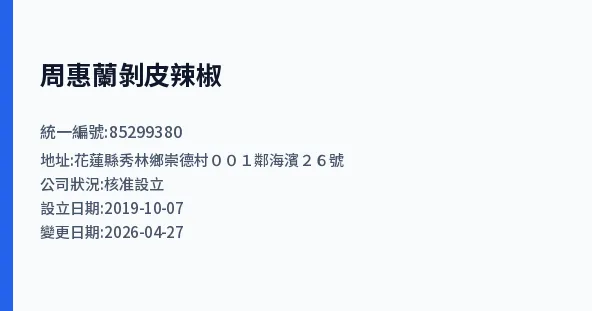 周惠蘭剝皮辣椒的照片-統編 85299380(花蓮縣) 公司登記資料與營業項目詳細圖表