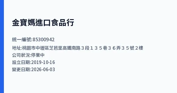 金寶媽進口食品行的照片-統編 85300942(桃園市) 公司登記資料與營業項目詳細圖表