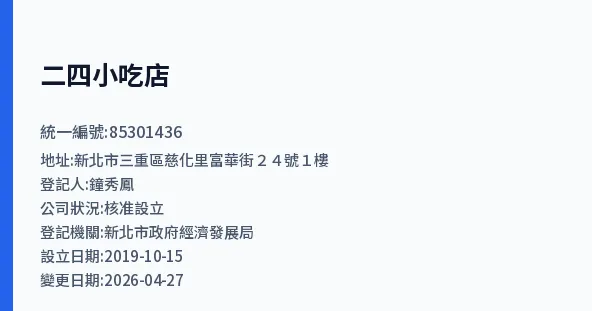 二四小吃店的照片-統編 85301436(新北市) 公司登記資料與營業項目詳細圖表