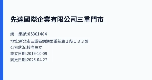 先達國際企業有限公司三重門市的照片-統編 85301484(新北市) 公司登記資料與營業項目詳細圖表