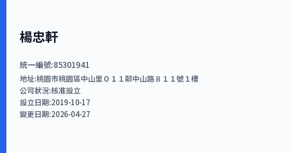 楊忠軒的照片-統編 85301941(桃園市) 公司登記資料與營業項目詳細圖表