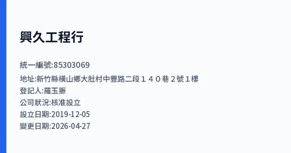 興久工程行的照片-統編 85303069(新竹縣) 公司登記資料與營業項目詳細圖表