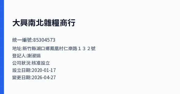 大興南北雜糧商行的照片-統編 85304573(新竹縣) 公司登記資料與營業項目詳細圖表