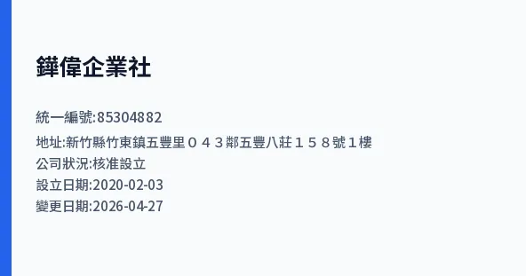 鏵偉企業社的照片-統編 85304882(新竹縣) 公司登記資料與營業項目詳細圖表