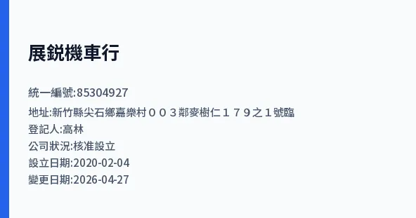 展鋭機車行的照片-統編 85304927(新竹縣) 公司登記資料與營業項目詳細圖表