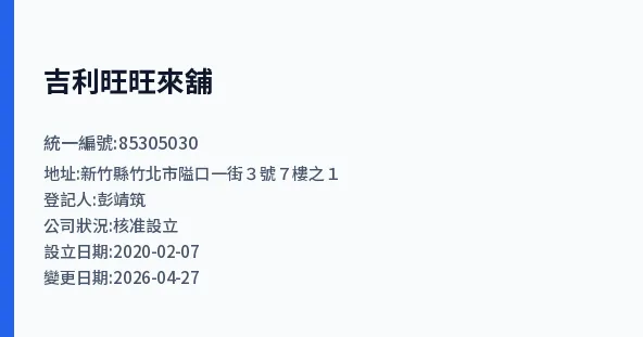 吉利旺旺來舖的照片-統編 85305030(新竹縣) 公司登記資料與營業項目詳細圖表