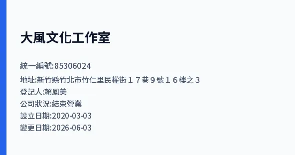 大風文化工作室的照片-統編 85306024(新竹縣) 公司登記資料與營業項目詳細圖表