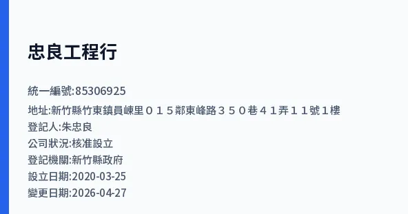 忠良工程行的照片-統編 85306925(新竹縣) 公司登記資料與營業項目詳細圖表