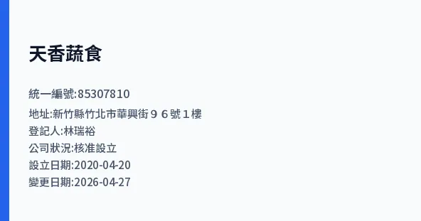 天香蔬食的照片-統編 85307810(新竹縣) 公司登記資料與營業項目詳細圖表
