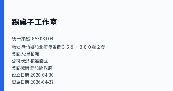 踢桌子工作室的照片-統編 85308108(新竹縣) 公司登記資料與營業項目詳細圖表
