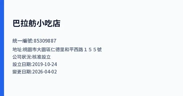 巴拉舫小吃店的照片-統編 85309887(桃園市) 公司登記資料與營業項目詳細圖表