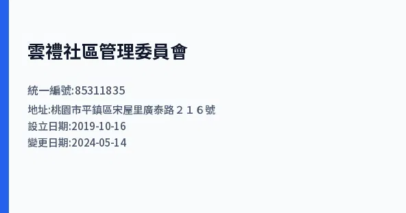 雲禮社區管理委員會的照片-統編 85311835(桃園市) 公司登記資料與營業項目詳細圖表