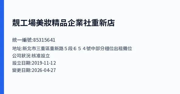 靚工場美妝精品企業社重新店的照片-統編 85315641(新北市) 公司登記資料與營業項目詳細圖表