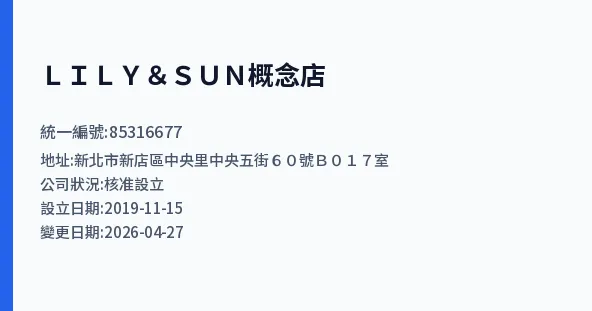 LILY&SUN概念店的照片-統編 85316677(新北市) 公司登記資料與營業項目詳細圖表