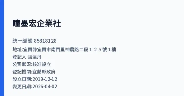 瞳墨宏企業社的照片-統編 85318128(宜蘭縣) 公司登記資料與營業項目詳細圖表