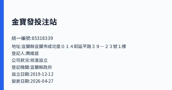 金寶發投注站的照片-統編 85318339(宜蘭縣) 公司登記資料與營業項目詳細圖表