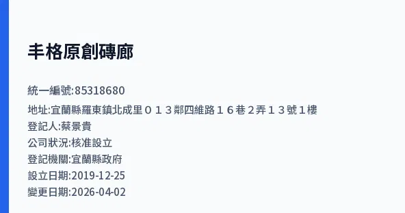 丰格原創磚廊的照片-統編 85318680(宜蘭縣) 公司登記資料與營業項目詳細圖表
