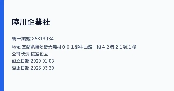 陸川企業社的照片-統編 85319034(宜蘭縣) 公司登記資料與營業項目詳細圖表
