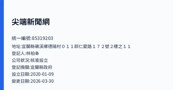 尖端新聞網的照片-統編 85319203(宜蘭縣) 公司登記資料與營業項目詳細圖表