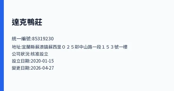 達克鴨莊的照片-統編 85319230(宜蘭縣) 公司登記資料與營業項目詳細圖表