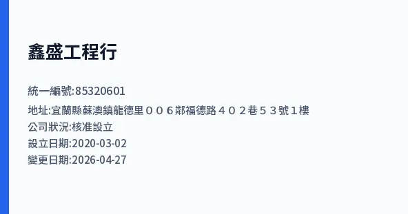 鑫盛工程行的照片-統編 85320601(宜蘭縣) 公司登記資料與營業項目詳細圖表