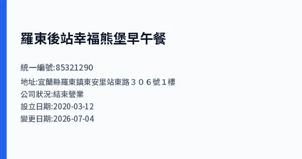 羅東後站幸福熊堡早午餐的照片-統編 85321290(宜蘭縣) 公司登記資料與營業項目詳細圖表