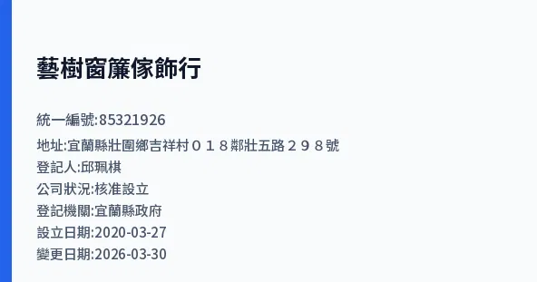藝樹窗簾傢飾行的照片-統編 85321926(宜蘭縣) 公司登記資料與營業項目詳細圖表