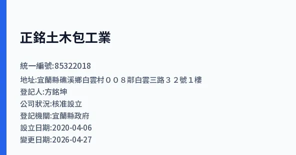正銘土木包工業的照片-統編 85322018(宜蘭縣) 公司登記資料與營業項目詳細圖表