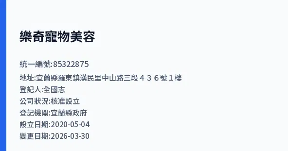 樂奇寵物美容的照片-統編 85322875(宜蘭縣) 公司登記資料與營業項目詳細圖表