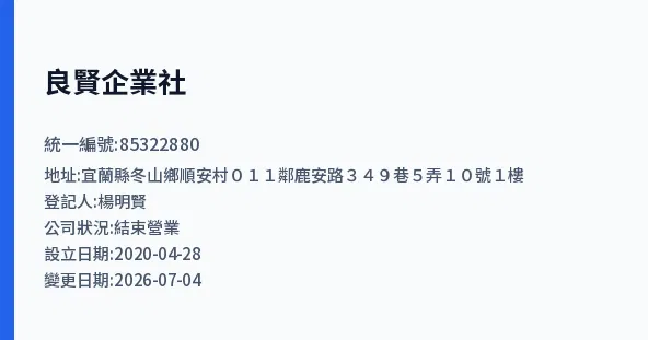 良賢企業社的照片-統編 85322880(宜蘭縣) 公司登記資料與營業項目詳細圖表