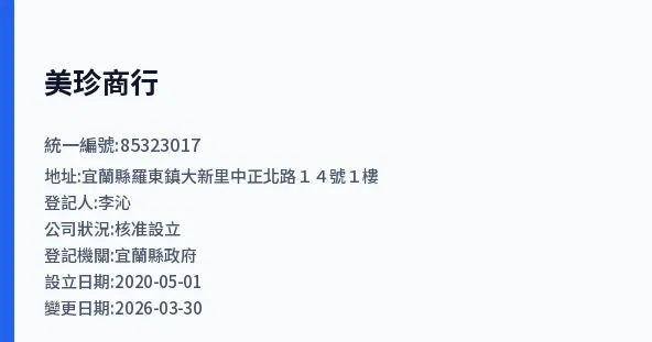 美珍商行的照片-統編 85323017(宜蘭縣) 公司登記資料與營業項目詳細圖表