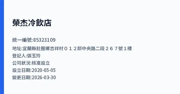 榮杰冷飲店的照片-統編 85323109(宜蘭縣) 公司登記資料與營業項目詳細圖表