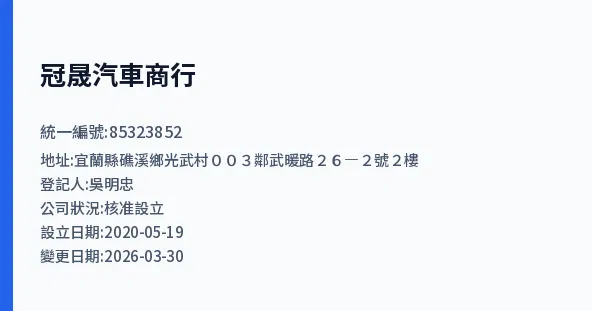 冠晟汽車商行的照片-統編 85323852(宜蘭縣) 公司登記資料與營業項目詳細圖表