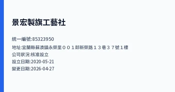 景宏製旗工藝社的照片-統編 85323950(宜蘭縣) 公司登記資料與營業項目詳細圖表