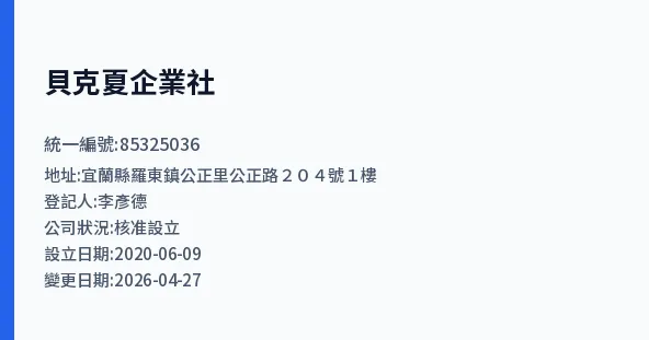 貝克夏企業社的照片-統編 85325036(宜蘭縣) 公司登記資料與營業項目詳細圖表