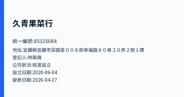 久青果菜行的照片-統編 85325084(宜蘭縣) 公司登記資料與營業項目詳細圖表