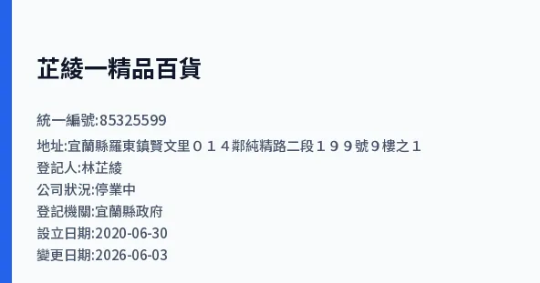 芷綾一精品百貨的照片-統編 85325599(宜蘭縣) 公司登記資料與營業項目詳細圖表
