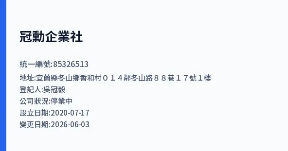 冠勳企業社的照片-統編 85326513(宜蘭縣) 公司登記資料與營業項目詳細圖表
