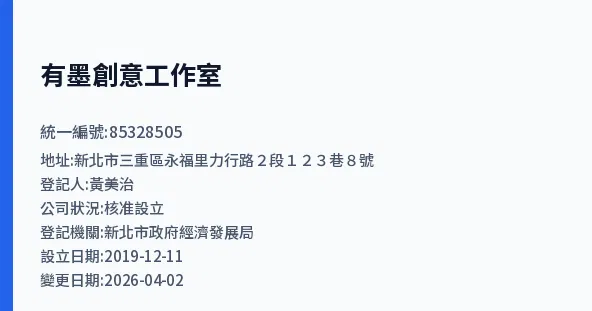 有墨創意工作室的照片-統編 85328505(新北市) 公司登記資料與營業項目詳細圖表
