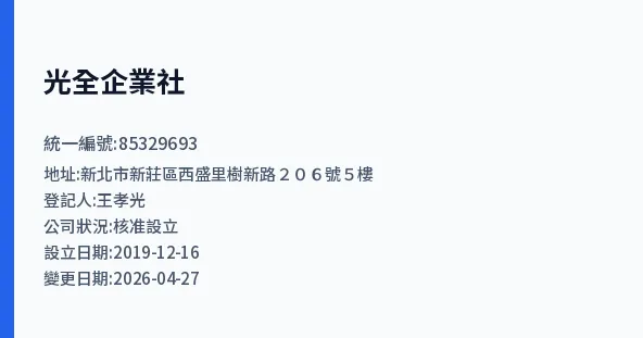 光全企業社的照片-統編 85329693(新北市) 公司登記資料與營業項目詳細圖表