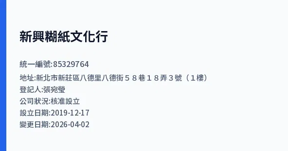 新興糊紙文化行的照片-統編 85329764(新北市) 公司登記資料與營業項目詳細圖表