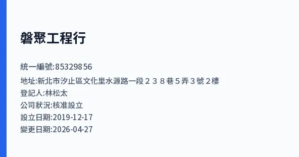 磐聚工程行的照片-統編 85329856(新北市) 公司登記資料與營業項目詳細圖表