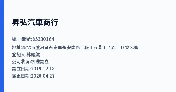 昇弘汽車商行的照片-統編 85330164(新北市) 公司登記資料與營業項目詳細圖表