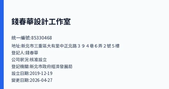 錢春華設計工作室的照片-統編 85330468(新北市) 公司登記資料與營業項目詳細圖表