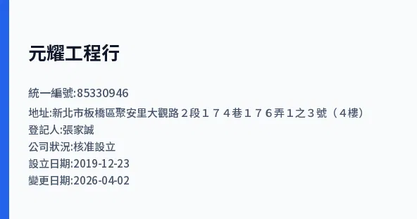 元耀工程行的照片-統編 85330946(新北市) 公司登記資料與營業項目詳細圖表