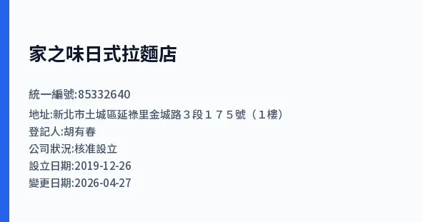 家之味日式拉麵店的照片-統編 85332640(新北市) 公司登記資料與營業項目詳細圖表