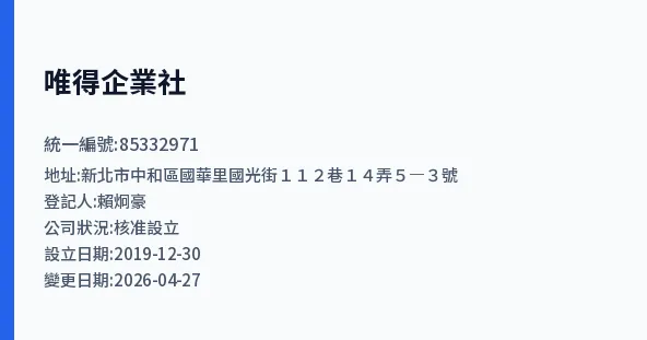 唯得企業社的照片-統編 85332971(新北市) 公司登記資料與營業項目詳細圖表