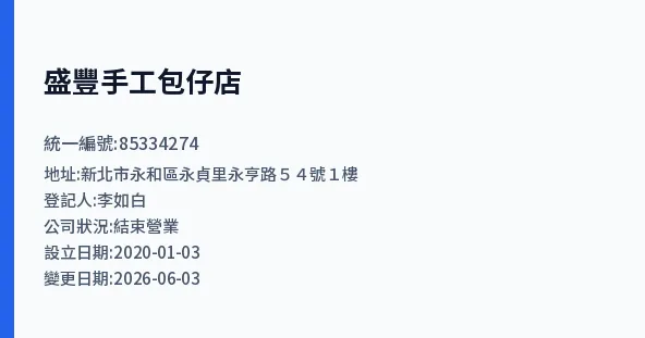 盛豐手工包仔店的照片-統編 85334274(新北市) 公司登記資料與營業項目詳細圖表